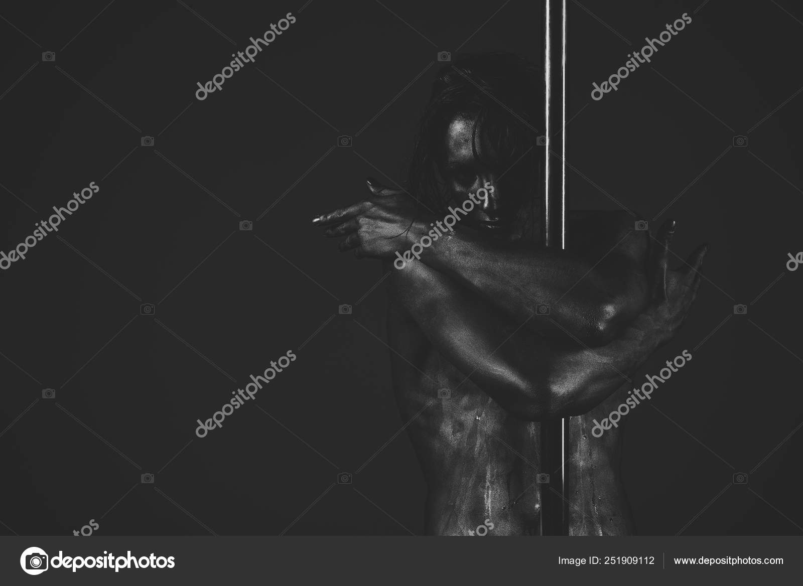 Guy hugs metallic pole. Passionate dancer concept. — Stock Photo ...