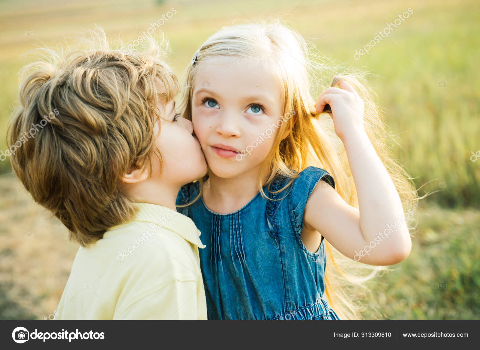 Kids having fun in green field against blue sky background. Festive Art Greeting Card. Lovely ...