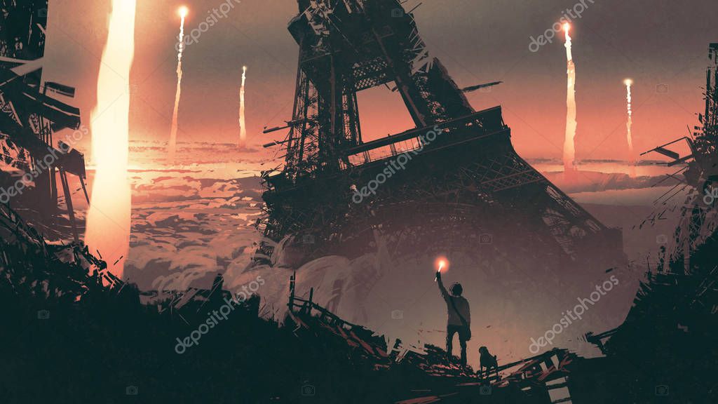 paisaje post-apocalíptico que muestra a un hombre y un perro de pie ...