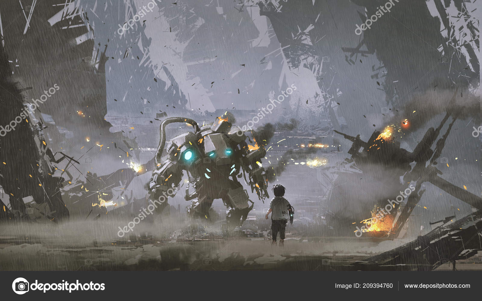 Scene Boy Looking Damaged Robot Who Protected Him War Digital Stock ...