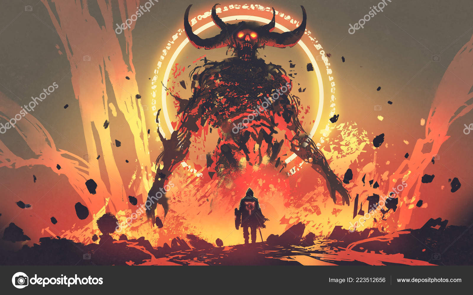 Knight Sword Facing Lava Demon Hell Digital Art Style Illustration ...