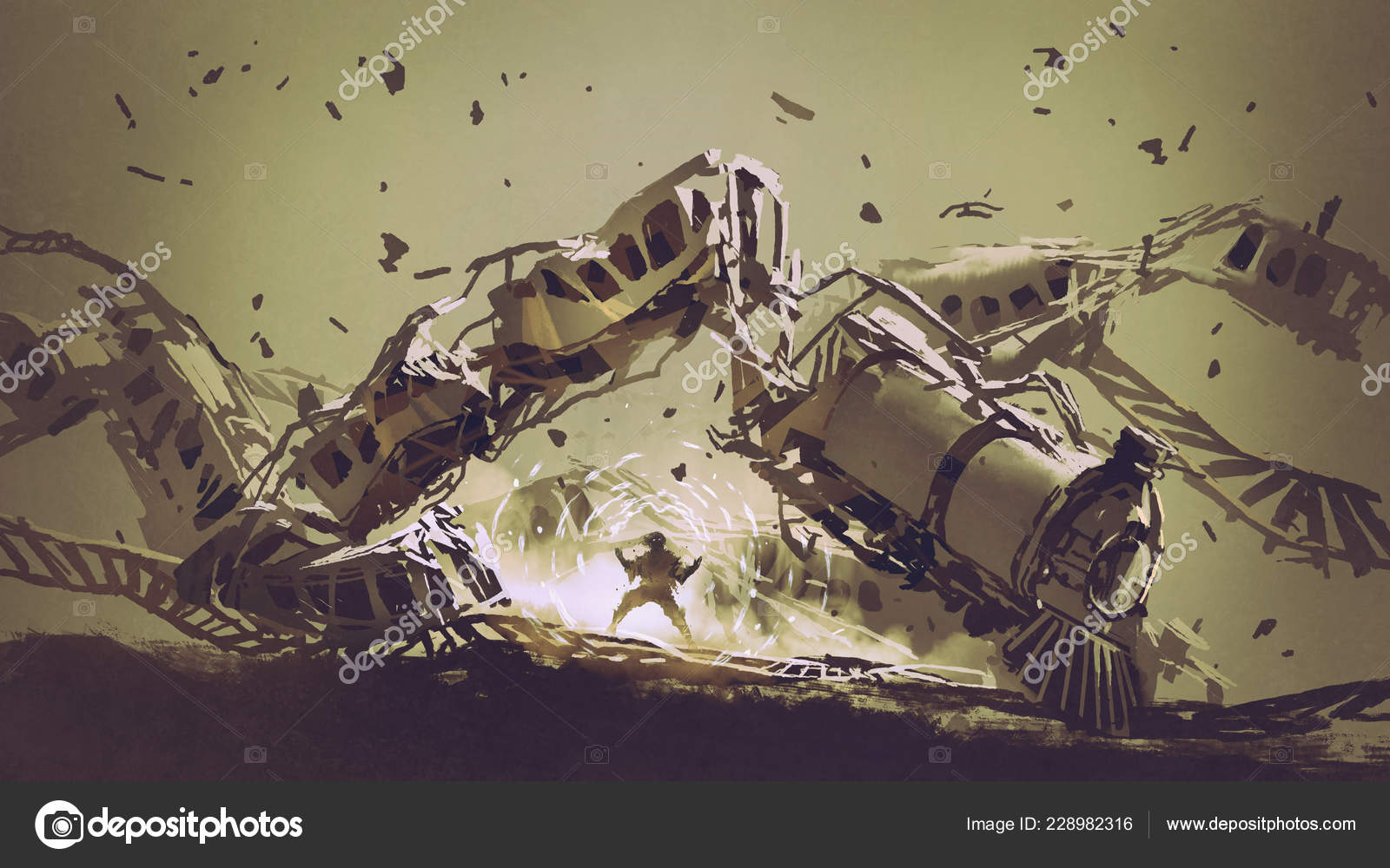 Man Powering His Energy Destroy Train Digital Art Style Illustration ...