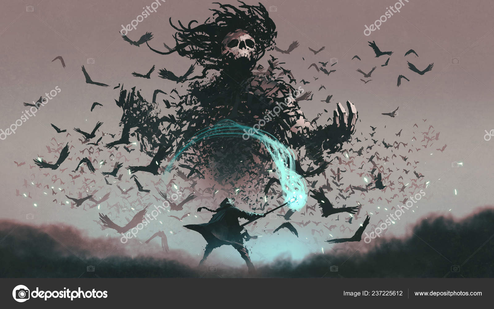 Fight Scene Man Magic Wizard Staff Devil Crows Digital Art Stock ...