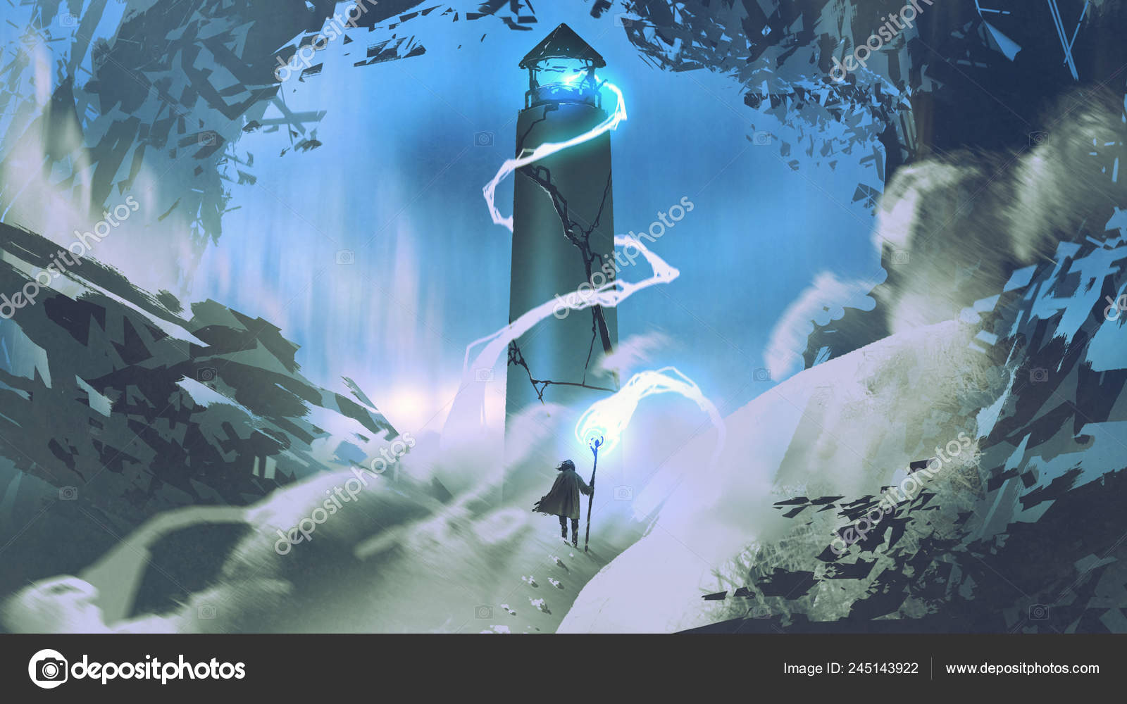 Man Wizard Staff Lighting Lighthouse His Magic Digital Art Style ...