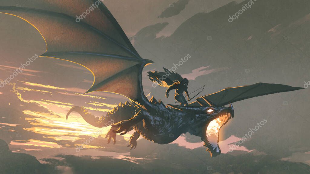 el caballero negro que monta el dragón que vuela en el cielo del ...