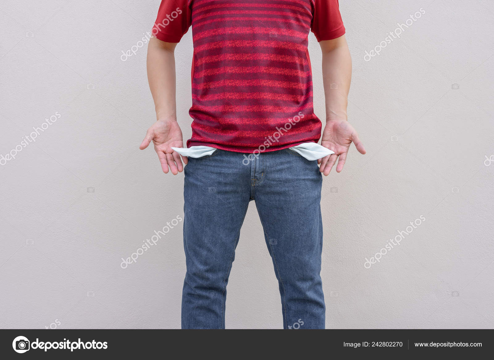 Man Showing His Empty Pockets Cement Wall Background Stock Photo by ...