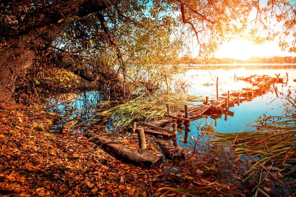 Magic charming autumn landscape with a wooden path to the lake and a ...