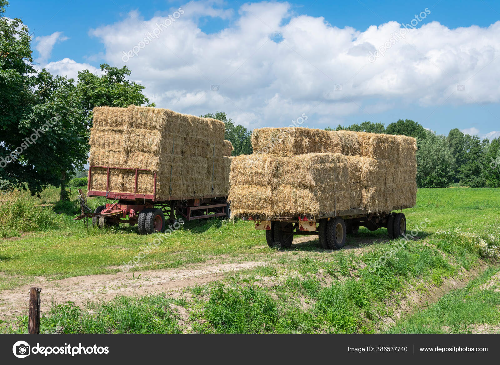 Two Loaded Tractors Hay Field Beautiful Cloudy Sky Stock Photo by ...