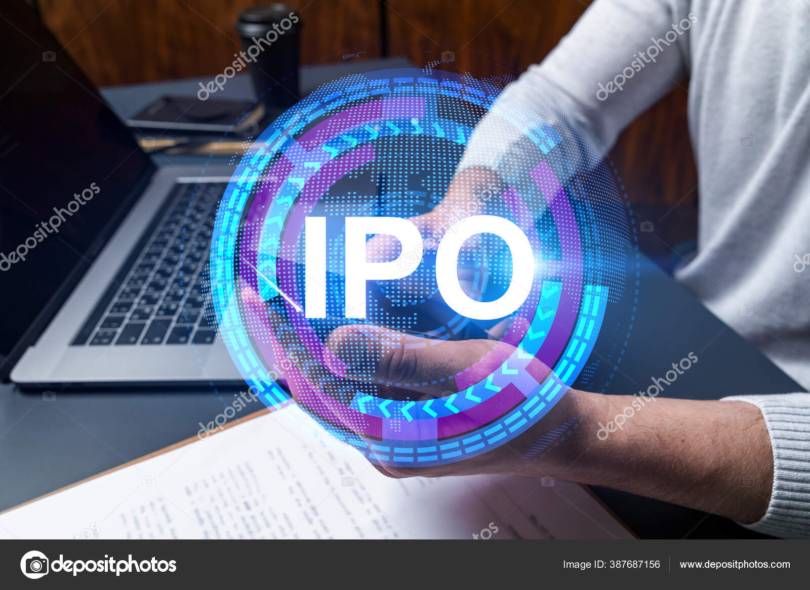 Man using phone. Hands typing smartphone. Double exposure with ipo ...