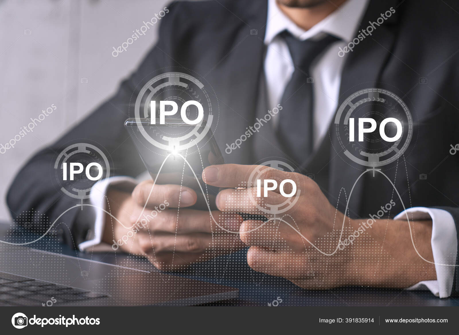 Businessman search and analyze using on-line app on phone. IPO theme ...