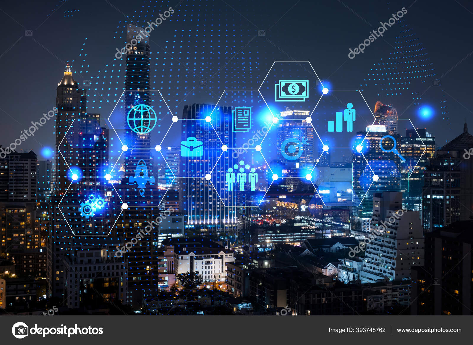 Research and technological development glowing icons. Night panoramic ...