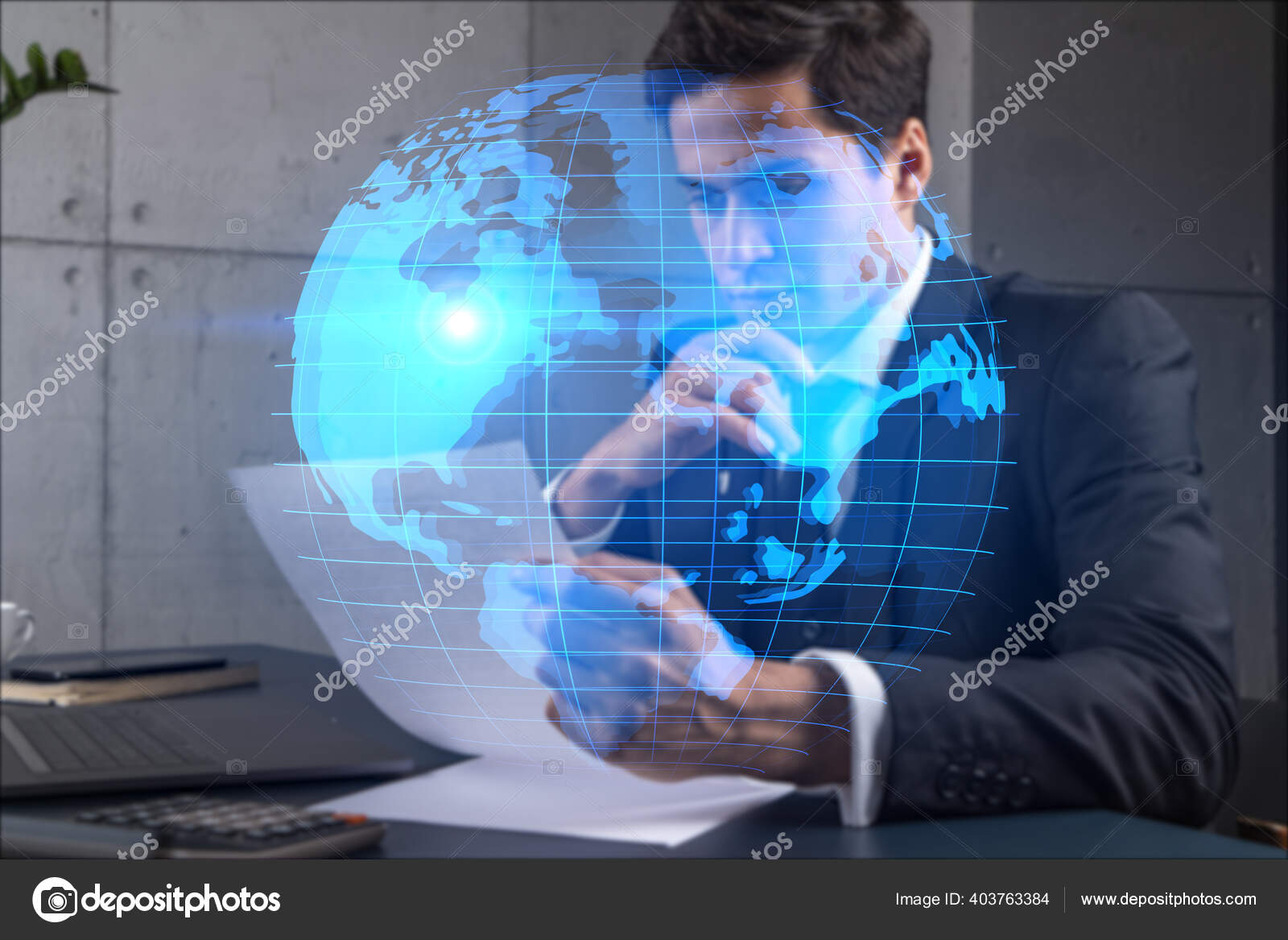 Businessman in office think and dream data technology world map drawing ...