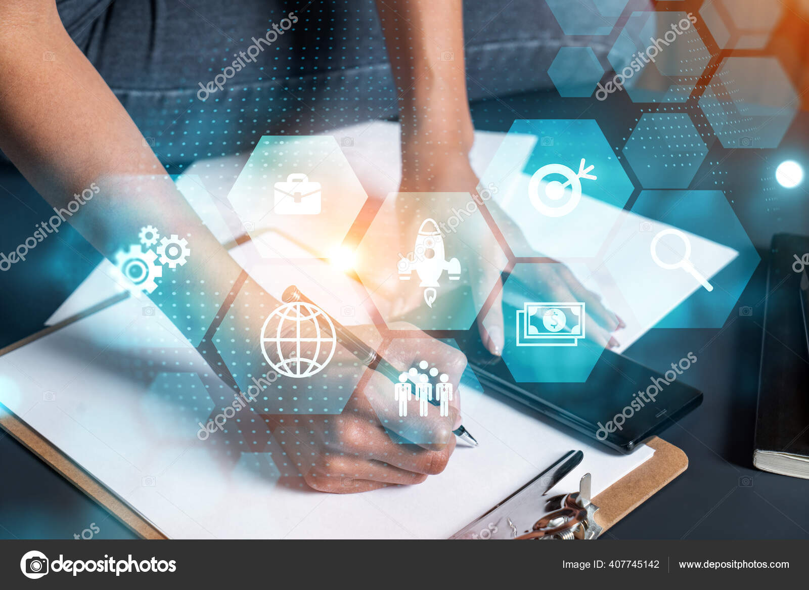 Businesswoman taking notes using smart-phone. Research icons drawings ...