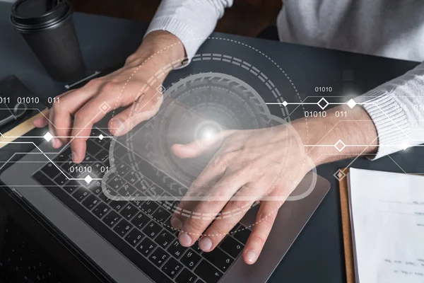 Man using computer. Hands typing laptop. Double exposure with cloud ...