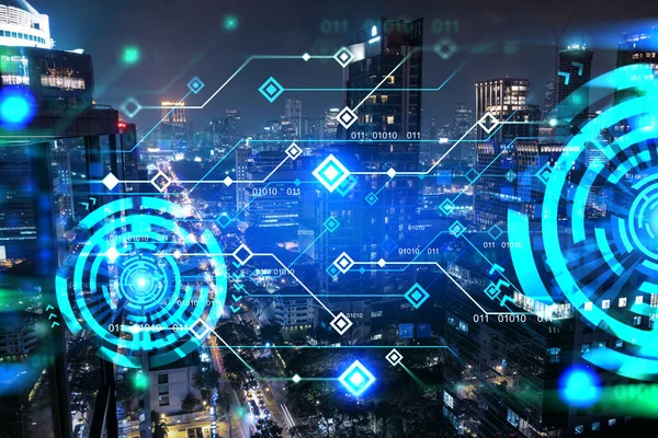 Information flow hologram, night panorama city view of Bangkok. The ...