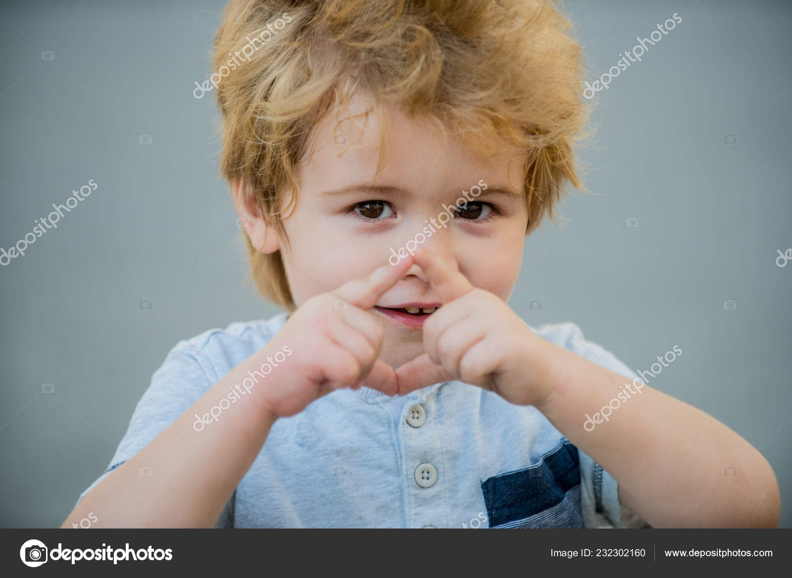 Young Boy Making Hand Gesture Grey Background Cute Fashionable Kid ...