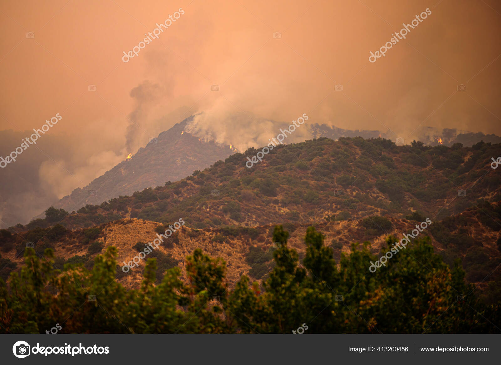 Fire and smoke in the mountains of California. Forest fires. Air ...