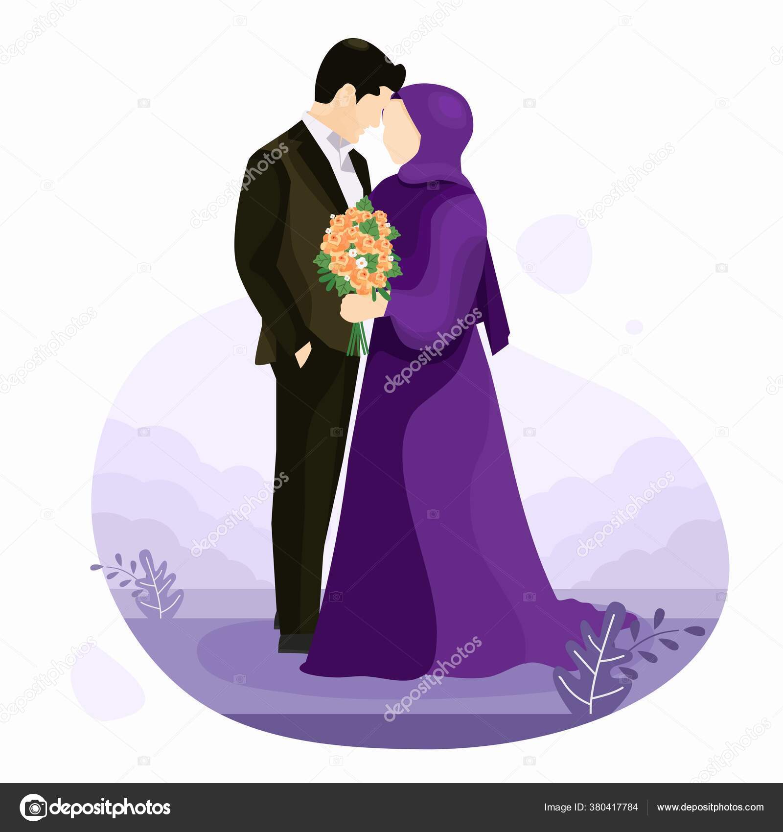 Vector Illustration Muslim Couple Wedding Man Wearing Brown Suit Woman