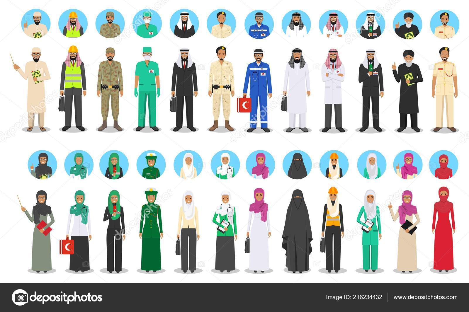 Different muslim Middle East people occupation characters set in flat ...