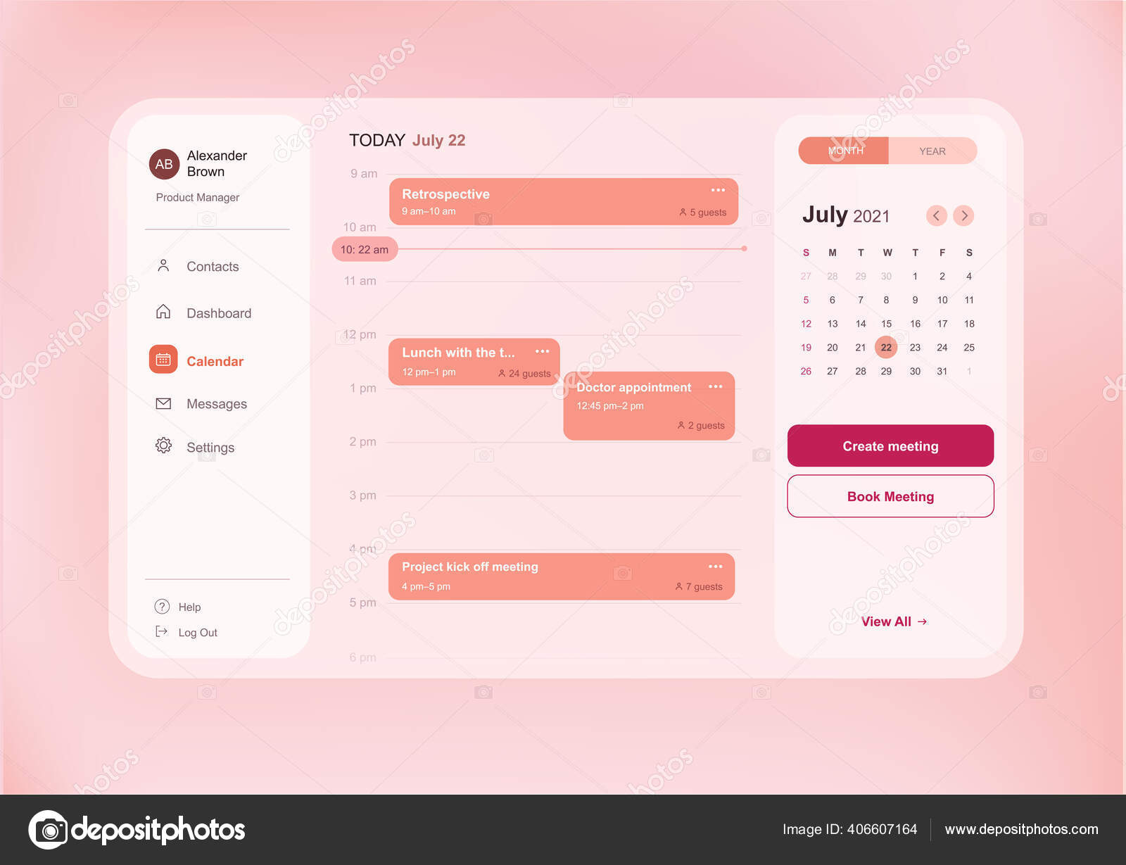 Modern web interface of calendar dashboard with time and meetings ...