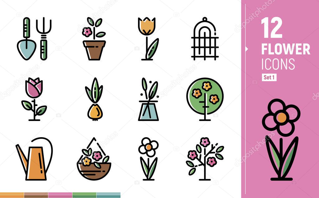 Iconos florales modernos. Iconos de contorno en estilo plano. Iconos planos de colores. Flores ...