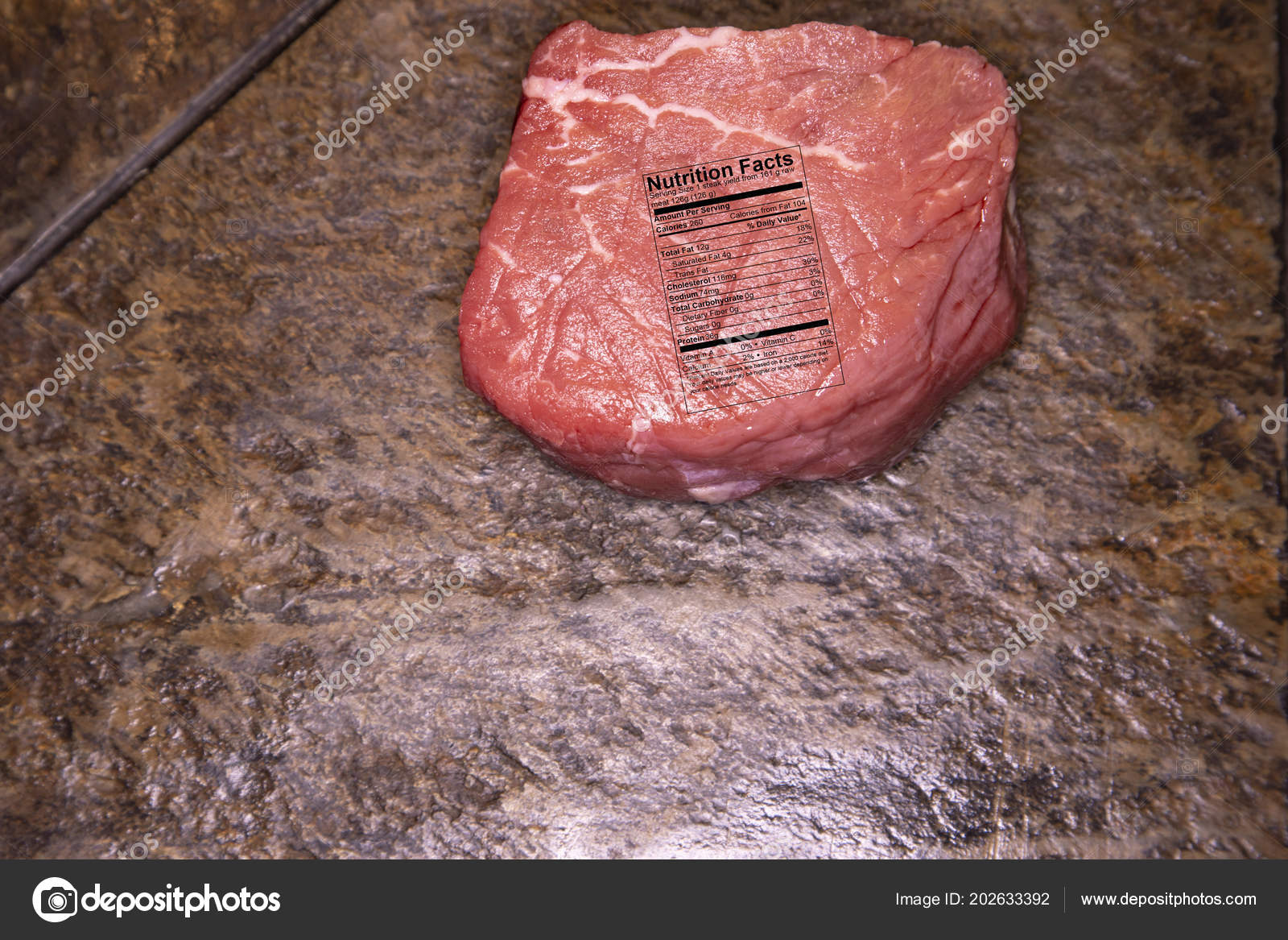 Close Raw Piece Filet Mignon Steak Nutrition Label Slate Tabletop ...