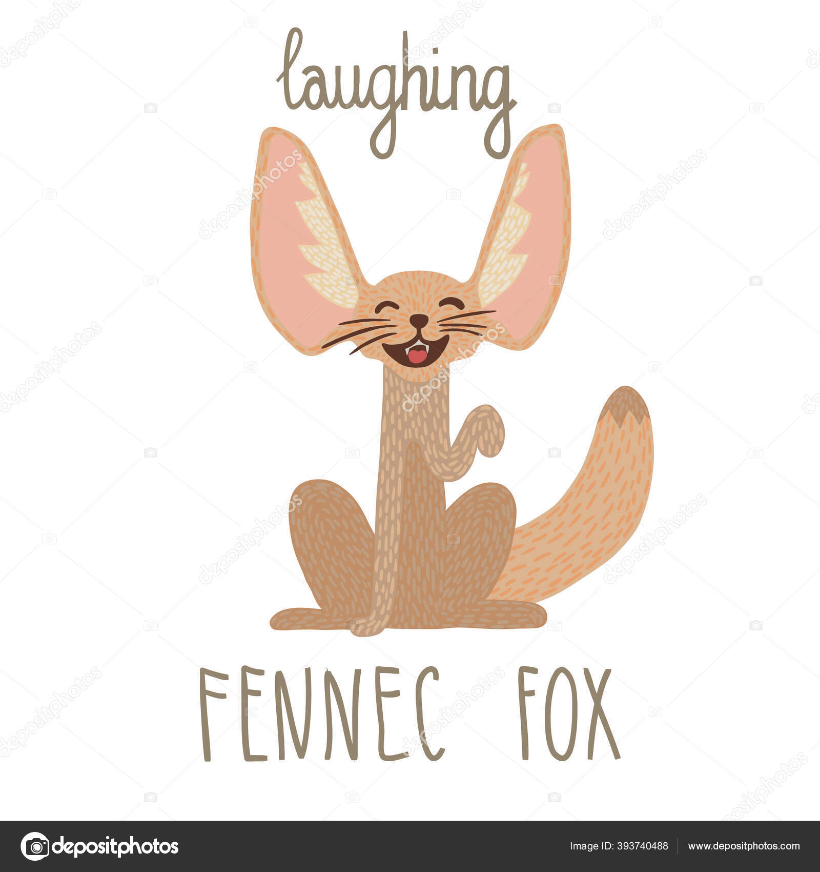 Vector Illustration Cute Laughing Fennec Fox Beige Brown Sitting Front ...