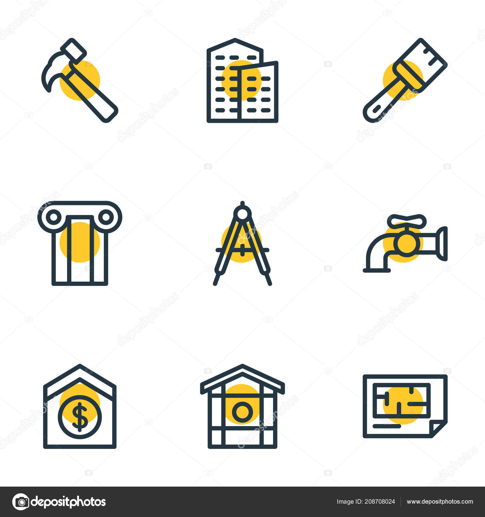 Illustration of 9 architecture icons line style. Editable set of ...