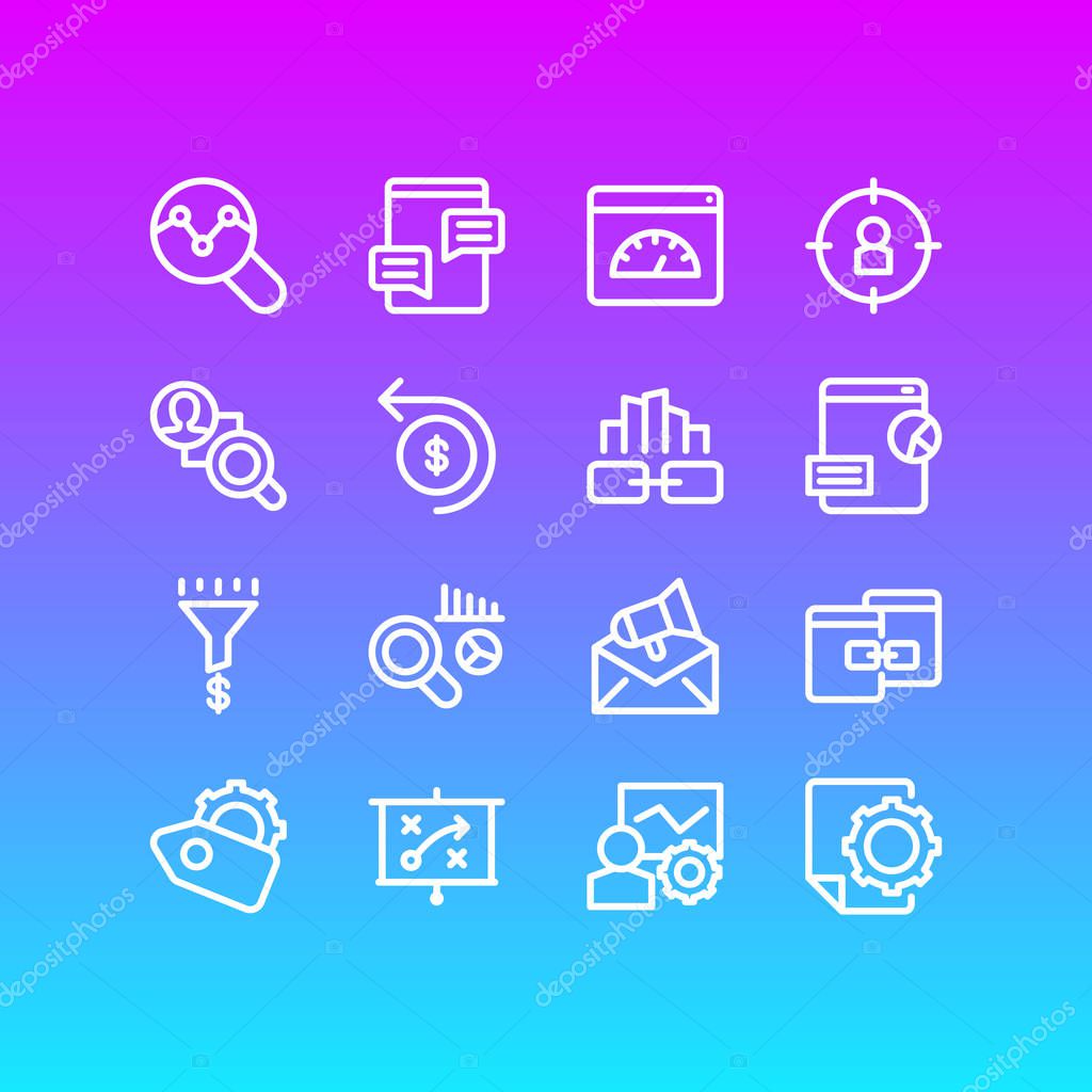 Ilustración vectorial de 16 iconos de publicidad estilo de línea ...
