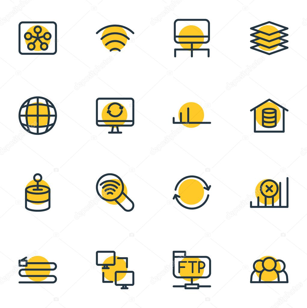 ilustración de 16 iconos de red estilo de línea. Conjunto editable de servidor raíz, solución de ...