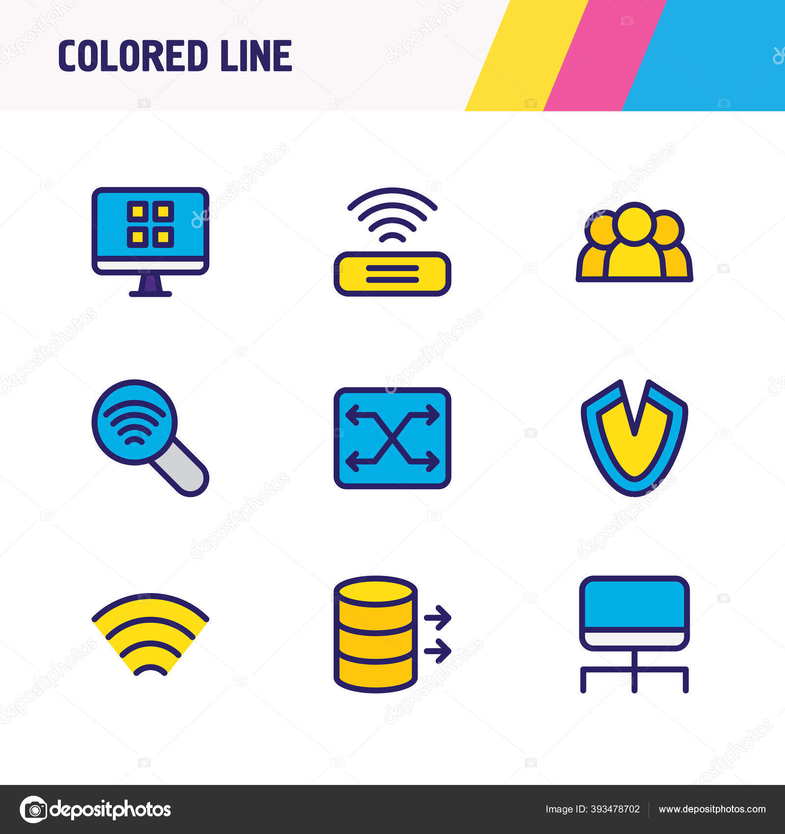 Vector illustration of 9 network icons colored line. Editable set of ...