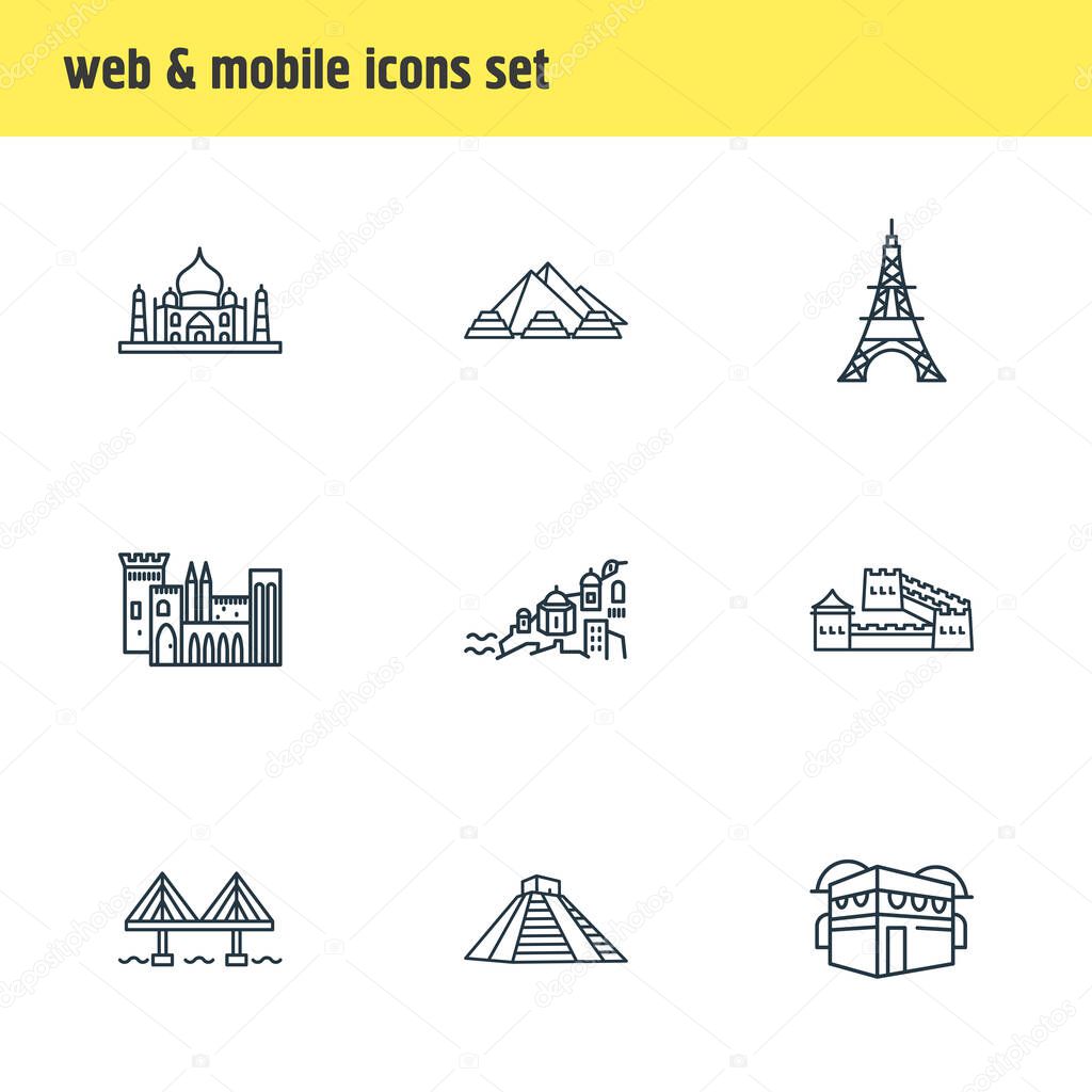 Ilustraci n vectorial de 9 iconos del turismo estilo de l nea. Conjunto editable de puente ...