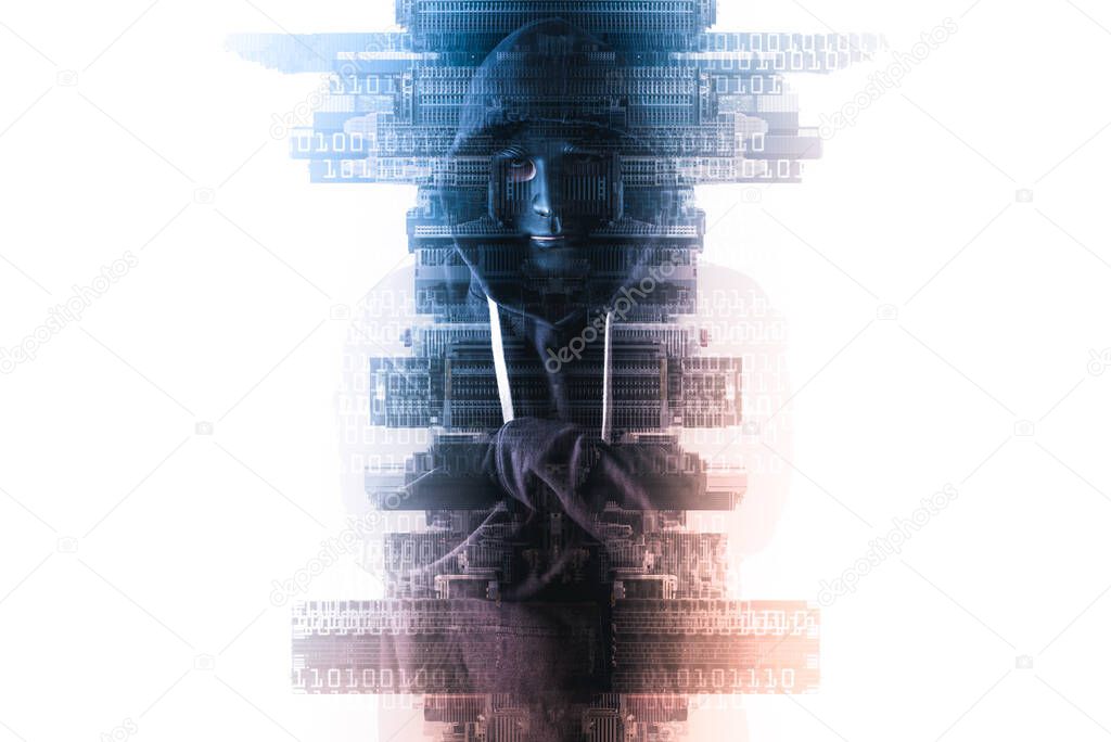 la imagen de doble exposición del hacker de pie y superposición con ...
