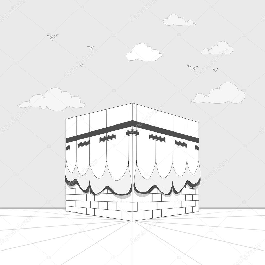 esquema Kaaba para peregrinación o pasos hajj, ilustración vectorial de diseño en blanco y negro ...
