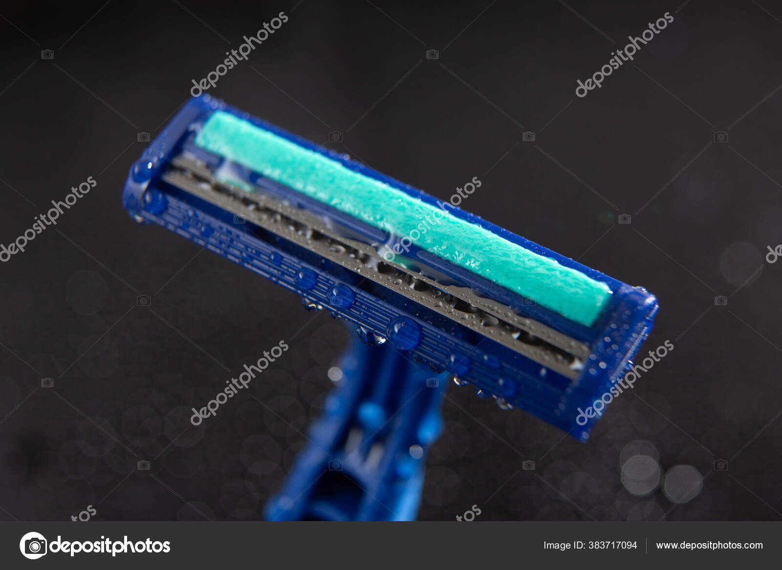 Blue Disposable Razor Blade Black Background Water Drops Stock Photo by ...