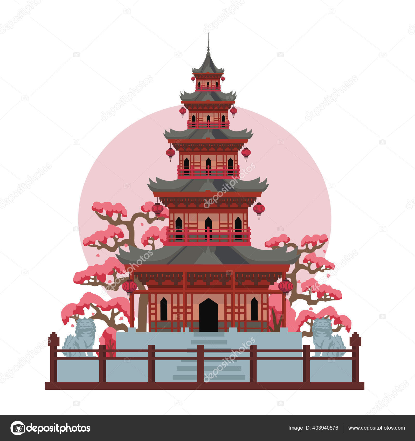 Templo Pagoda Asiática Japón Ilustración Dibujos Animados Planos ...