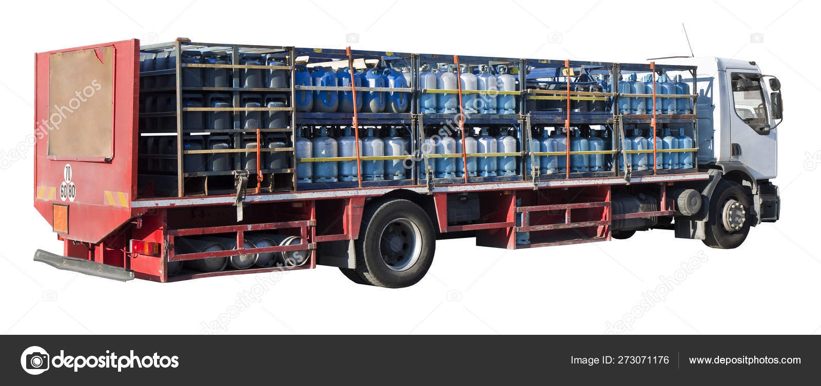 Trucks parked with many colored propane gas tanks on white backg ...