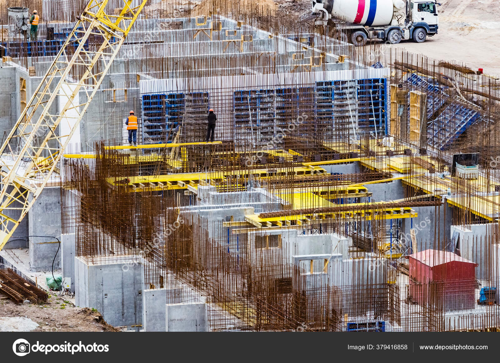 Construction Workers Install Formwork Iron Rebars Reinforcing Bar ...