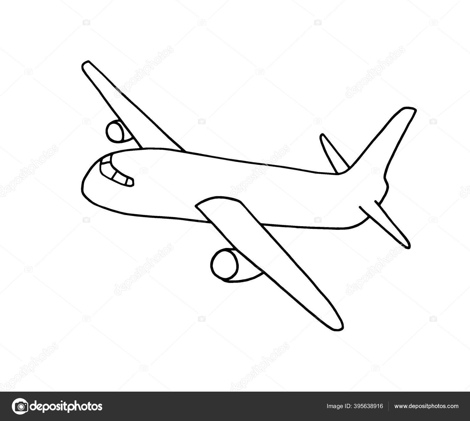 Ikona letadla. Ručně kreslený obrys ilustrace s černým letadlem na ...