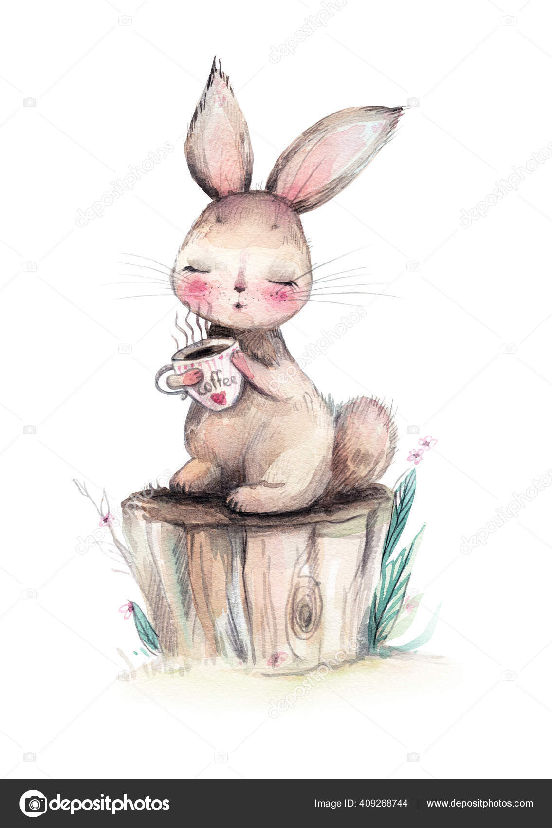 Cute Hare Rabbit Drinking Coffee Watercolor Bunny Rabbit Falls Asleep ...