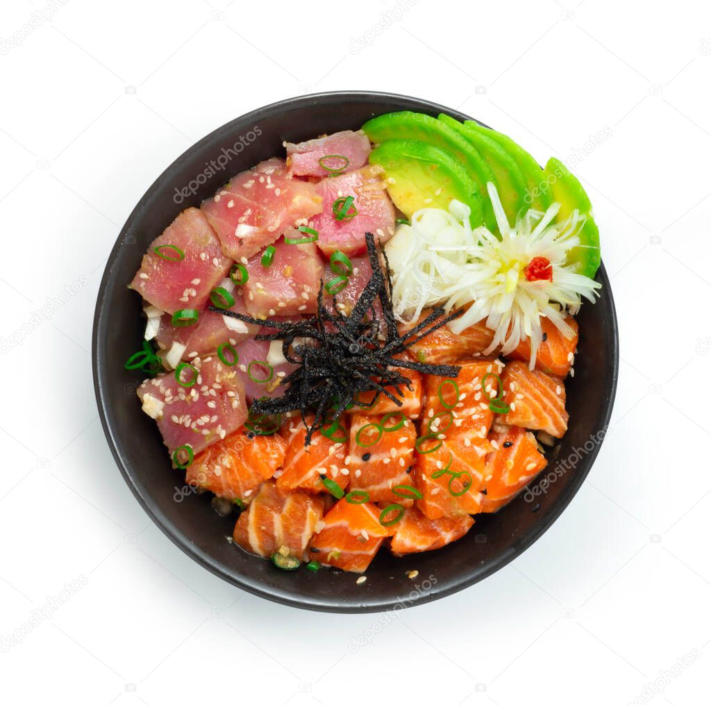 Salmón Poke Bowl con ingredientes de atún Ahi shoyu, vinagre, sésamo ...