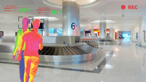 Simulation of body temperature check by thermoscan camera in airport ...