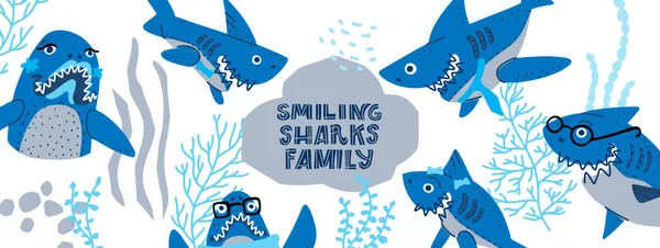 Smiling Sharks Family Vector Backgrounds Set Seamless Patterns Bundle ...
