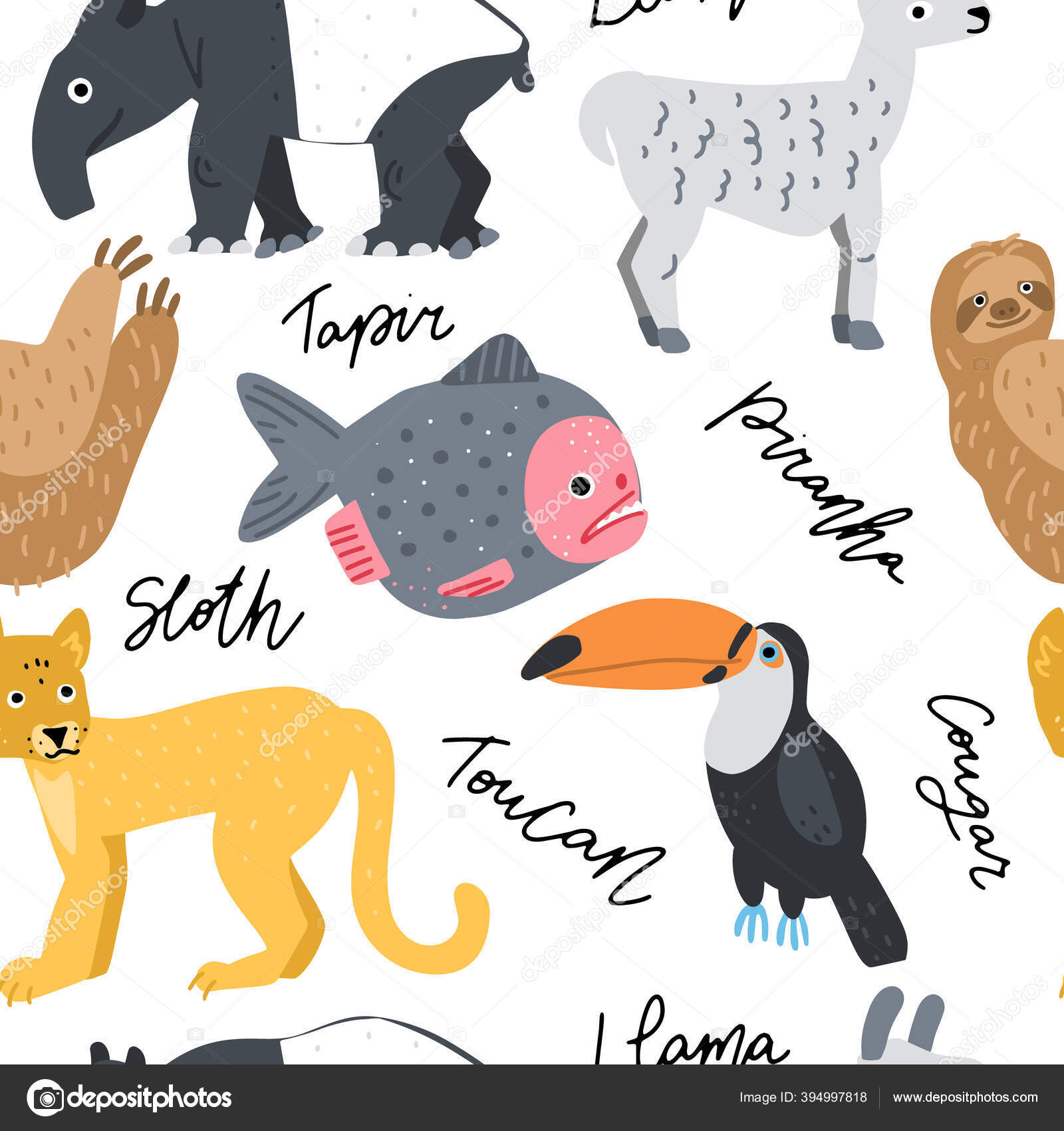 Exotic Animals Hand Drawn Color Vector Seamless Pattern Scandinavian ...
