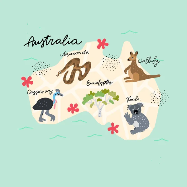 Drawn Map Australia Colorful Landmarks Illustration Design Kids Design ...