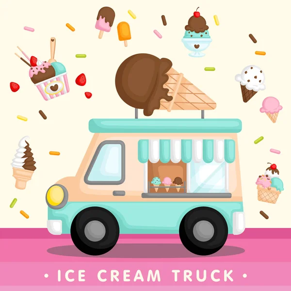 A Vector of Cute Blue Ice Cream Truck with Various Type of Ice Cream ...