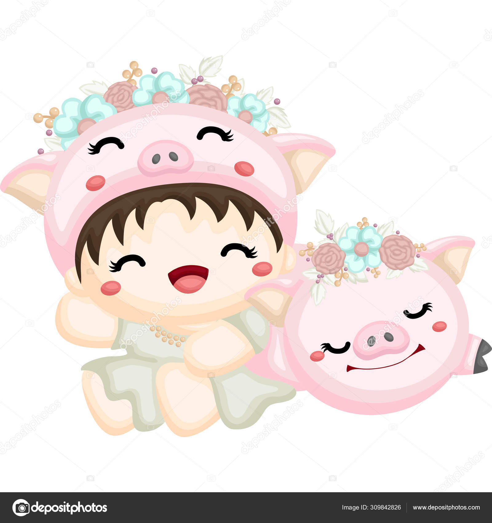 Happy Baby Girl Sleeping Pig — Stock Vector © comodo777 #309842826