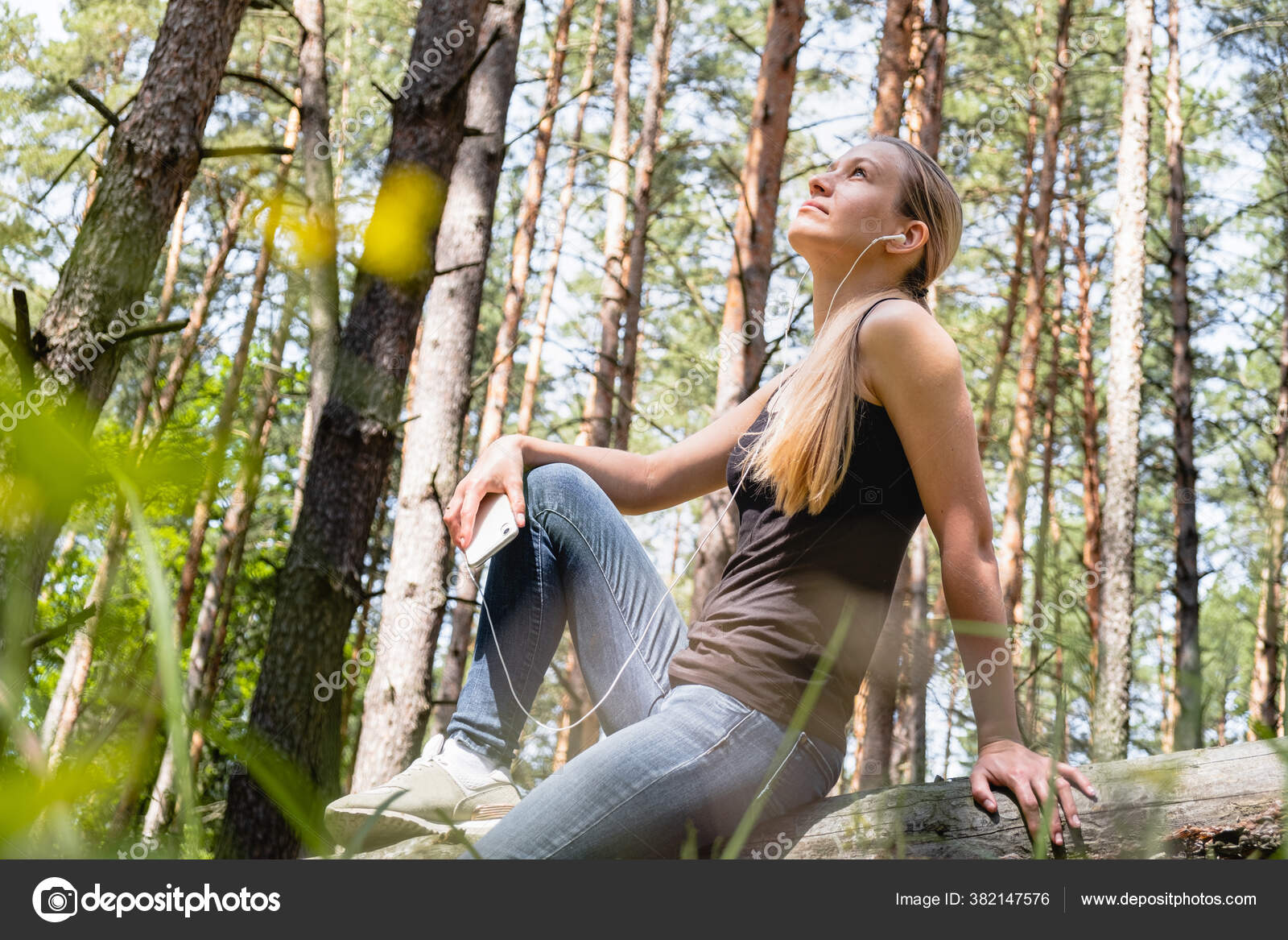 Girl Forest Sits Tree Headphones Listening Music Rest Nature Background ...