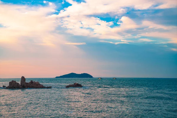 Chenghai Mountain, Weihai, Shandong, China, overlooking Donkey island ...