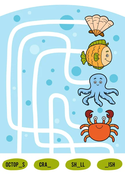 Maze Game Children Education Worksheet Fish Octopus Jelly Fish Sea ⬇ ...